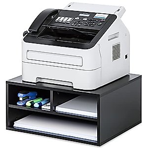 FITUEYES Large Printer Stands with 3 Storage Compartments, Desktop Paper Organizer Shelf for Home Office, 2-Tier Printer Riser, Black, 18.9" L x 15.7" W x 8.7" H