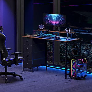 LOAKEKEL 55 Inch Desk with Drawers, Gaming Desk with LED Light & Power Outlets, Computer Desk with Monitor Stand, Writing Desk with Headphone Hook for Home Office, Bedroom, Brown, HGD14BR