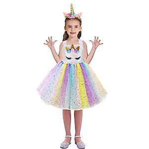 MYRISAM Girls Kids Unicorn Sequins Tutu Dress w/Headband Halloween Costume Rainbow Tutu Outfits Princess Birthday Party Gift 10-12T