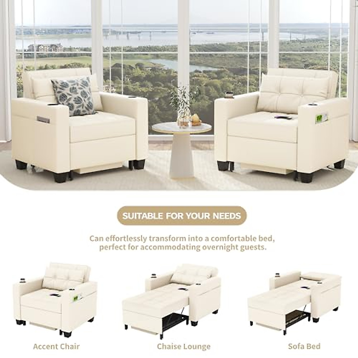 DURASPACE 39 inch Futon Chair Bed Convertible Chair 3-in-1 Pull Out Sleeper Reading Chair Beds with USB, Armchair Sleeper Bed for Living Room, Dorm, Small Space (Off White Faux Leather)