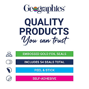 Geographics Self-Adhesive Gold Foil Seals, Assorted Embossed Emblems, 1.25 inch Diameter, 54 per Pack