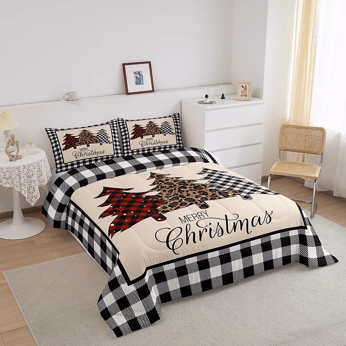 Merry Christmas Kids Comforter Set Queen Size,Xmas Tree Rustic Bedding Set,Girls Boys Adults Bedroom Decor,Geometric Grid Patchwork Down Comforter,Black White Stylish Duvet Insert,3pcs,2 Pillowcases