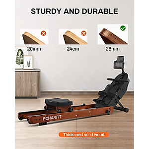 ECHANFIT Magnetic Wood Rowing Machine for Home Use with 16 Levels Adjustable Resistance, Foldable Rower with LCD Monitor, Tablet Holder and 350 LB Weight Capacity, No Assembly Required