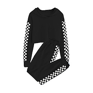 Meikulo Crop Tops Hoodies for Teen Girls Clothes Kids Cute Long Sleeve Shirts Checkered Sweatshirts and Sweatpants 2 Piece Outfits Sweatsuit Clothing Sets Black, 7-8 Years