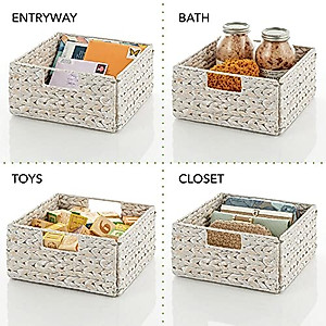 mDesign Woven Hyacinth Storage Bin Basket Organizer with Handles for Organizing Kitchen Pantry, Cabinet, Cupboard, Shelves - Holds Food, Drinks, Snacks - 4 Pack - White Wash