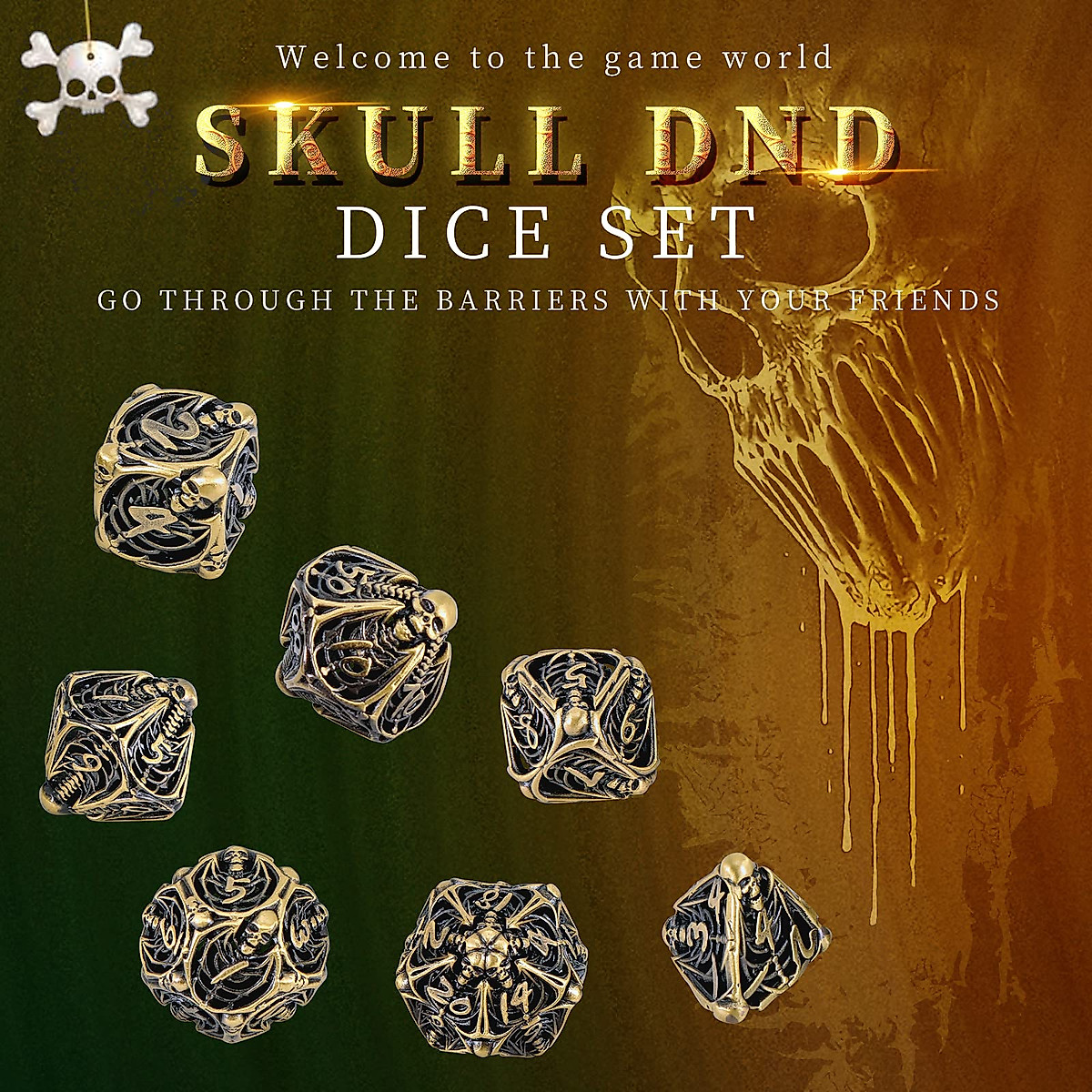 DND Dice Set Polyhedron Dice Skull Hollow Metal Dice for Dungeons and Dragons Role Playing Games PCCECQEE Dice 7PCS D&D Set Collection Gifts (Bronze-02)