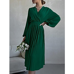 PRETTYGARDEN Women's Spring Midi Dress Long Puff Sleeve Wrap V Neck Flowy Ruffle Pleated Casual Fall Dresses (Dark Green,Medium)
