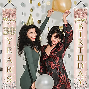 30th Birthday Decorations Door Banner for Women, Pink Rose Gold Cheers to 30 Years Happy Birthday Sign Party Supplies, Sweet Thirty Birthday Backdrop Porch Decor