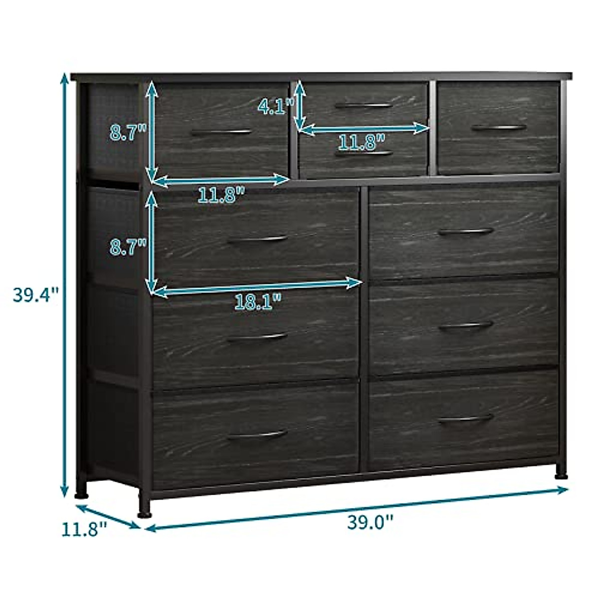 LUMTOK 10-Drawer Dresser, Fabric Dressers Drawers for Bedroom, Hallway, Nursery, Closets, Steel Frame, Wood Top, Easy Pull Handle (Black Wood Veins)