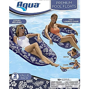 2 Pack of Aqua Recliner Luxury Lounge with Canopy and 3-in-1 Lounge-Extra Large – Heavy Duty, Inflatable Pool Floats for 15 + and Adult & Cupholder, X-Large