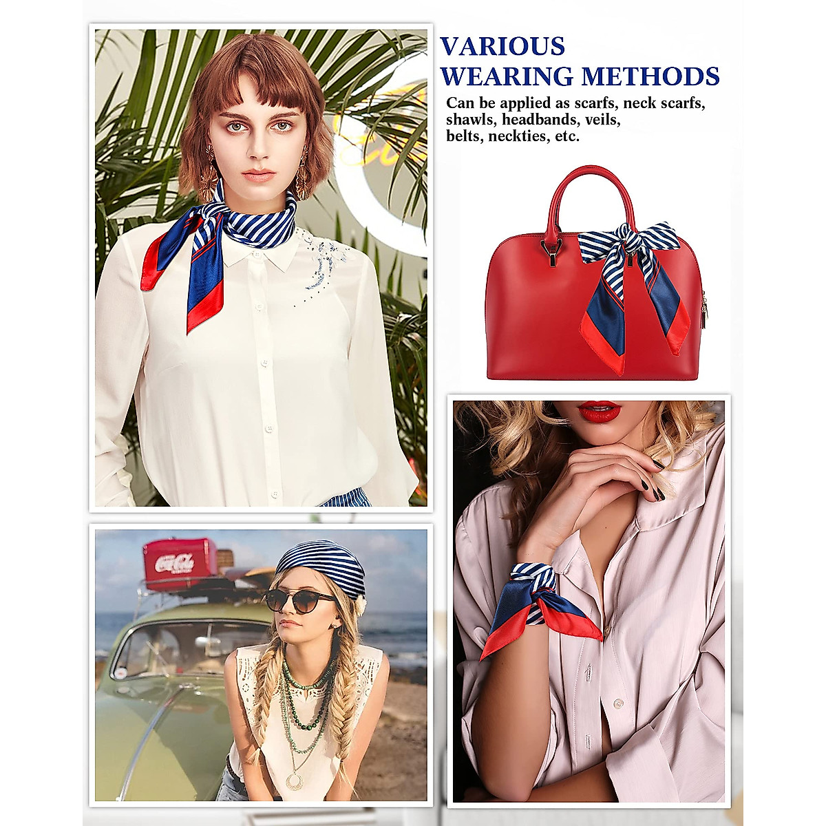 SATINIOR 4 Pcs Sailor Scarf Satin Flight Attendant Scarf 23.6 Inches Square Neck Scarf for Women Silk Feeling Hair Wraps