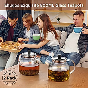800ml Glass Teapot (2-Pack) with Removable Infuser Ehugos 27OZ Stovetop Safe Small Tea Pot, Blooming and Loose Leaf Hand Crafted Kettle for Women and Adult with Stainless Infuser