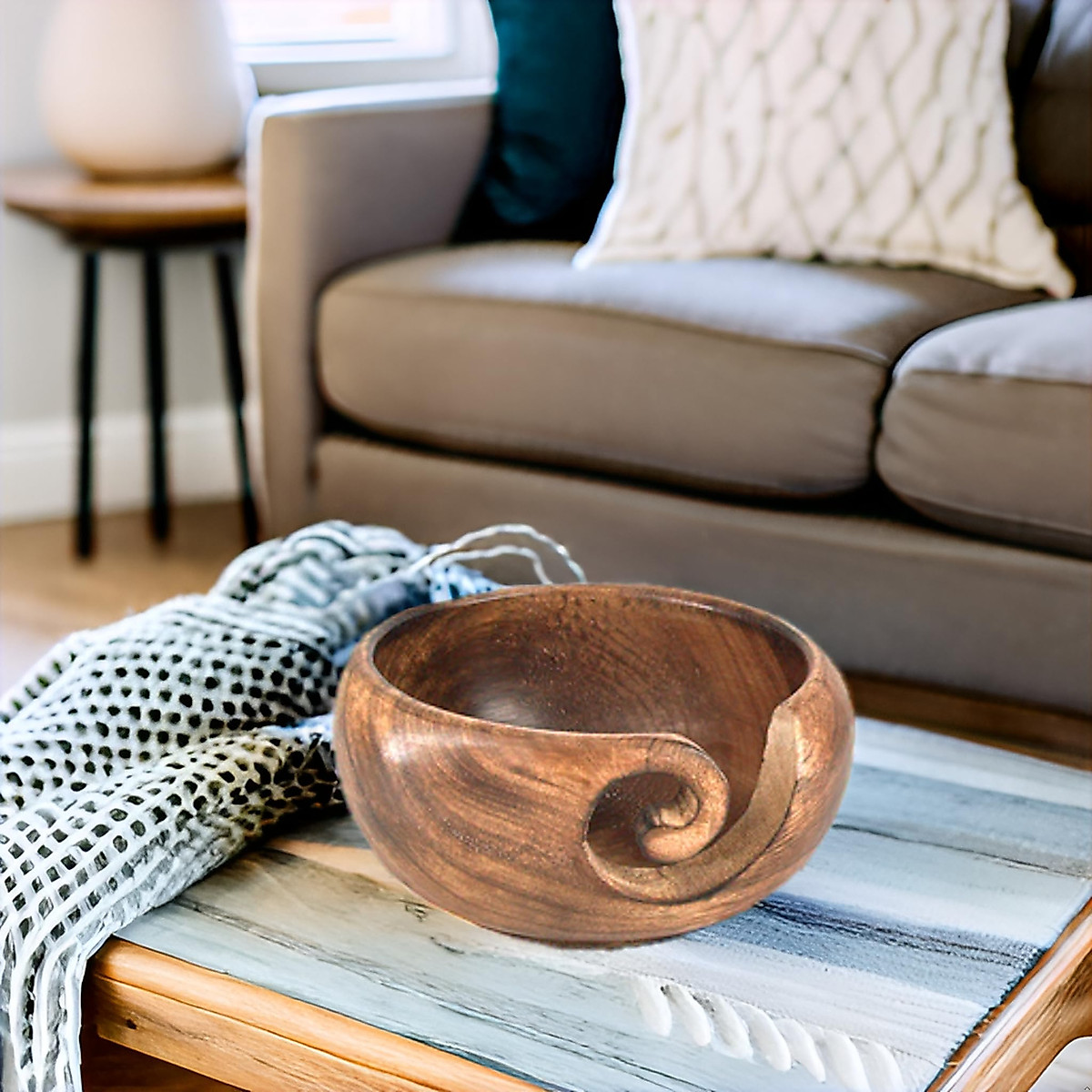 Earthly Home Wooden Yarn Bowl Handmade Yarn Bowl with Holes for Crocheting and Knitting Christmas Gift Crochet Accessories 5.5" x 3"