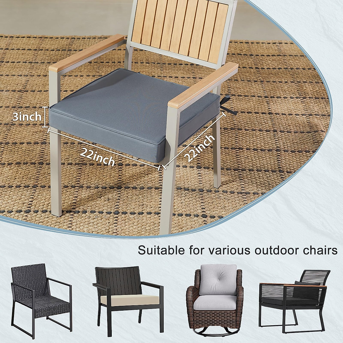 WEOAVRY Outdoor Chair Cushions Set of 2, Waterproof Patio Chair Cushions, Patio Furniture Cushions with Ties, Outdoor Wicker Replacement Seat Cushions, 22 x 22 x 3 inch, Dark Grey