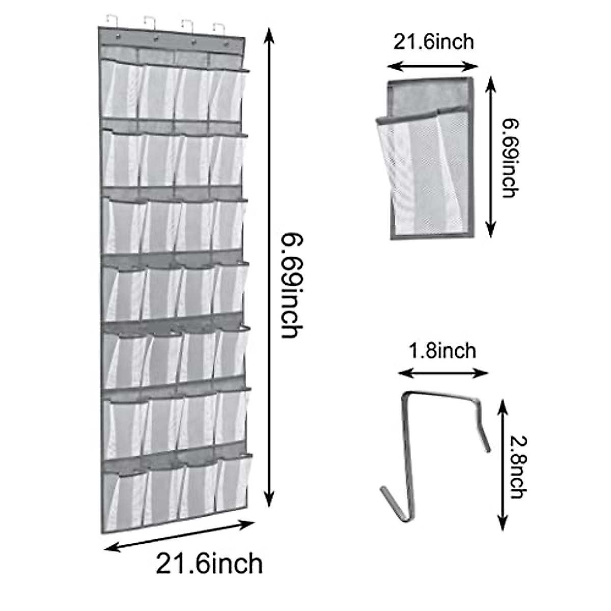 smellshark Hanging Shoe Rack Holder with 28 Extra Large Mesh Pockets Door Shoe Organizer with 4 Metal Hooks for Men,Women,Kids Storage Shoes,High Heels,Slippers,Accessories,Toiletries, Grey
