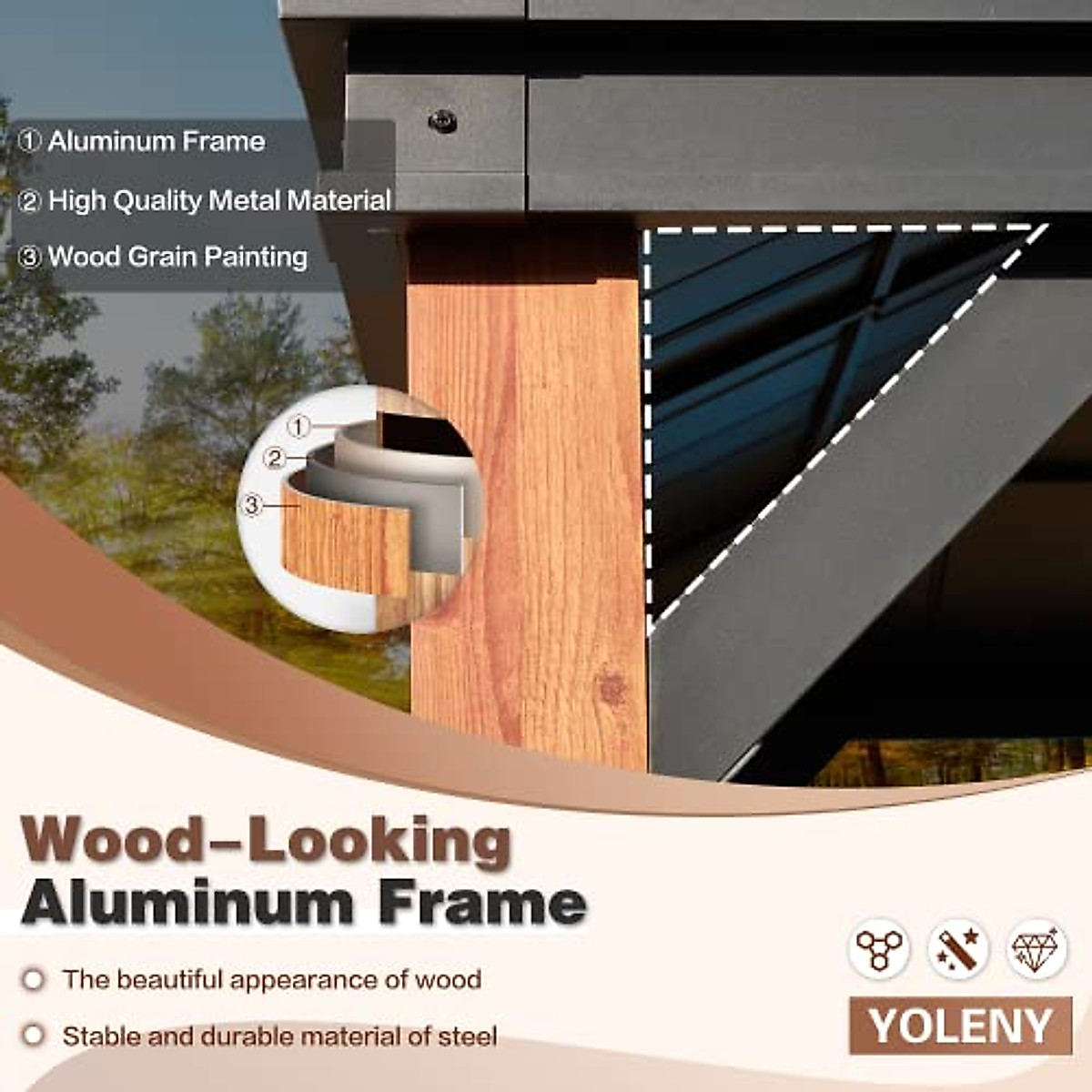 YOLENY 12' x 20' Ultra-thick Columns and Beams Hardtop Gazebo with Faux Wood Grain Aluminum Frame, Vertical Stripe Galvanized Steel Double Roof, Outdoor Patio Gazebo Pergolas with Netting and Curtains