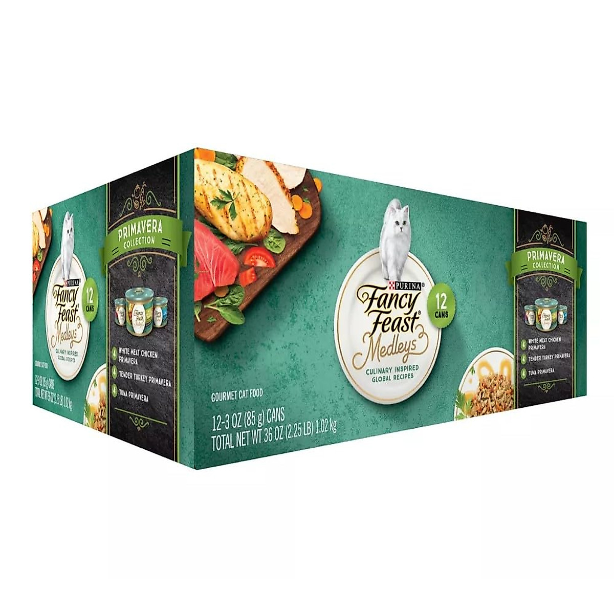 Fancy Feast Elegant Medleys Primavera Collection Cat Food Variety Pack 12-3 oz. Cans [Contains: 4 Each: Tender Turkey Primavera, Tuna Primavera, and White Meat Chicken Primavera]