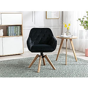 Swivel Accent Chair,Dining Chair No Wheels with Solid Wood Legs,Upholstered Button Tufted Desk Chair,Modern Home Office Chair for Living Room Bedroom Small Space,Weight Capacity 300 LBS,Black