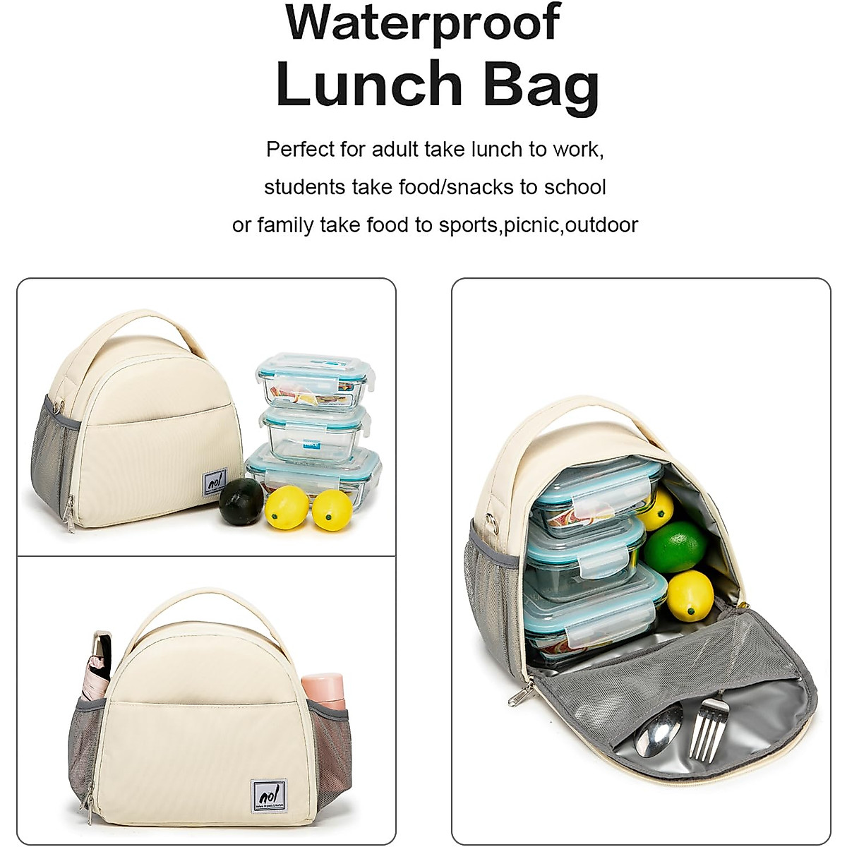 NOL Natural Organic Lifestyle Lunch Bag Insulated Cooler Bag for Women Nylon Waterproof Lightweight Lunch Box Organiser (Cream)