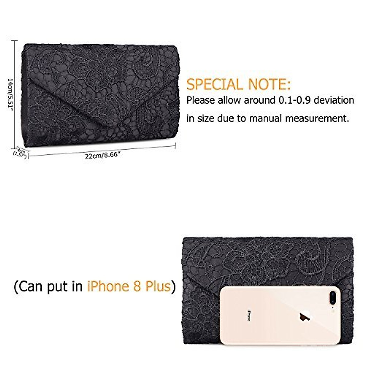BAGLAMOR Women's Elegant Floral Lace Envelope Clutch Evening Prom Handbag Purse (Black)