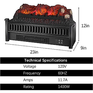 Electric Fireplace 23" Remote Control Fireplace Insert Log Heater, Realistic Pinewood Ember Bed, Level 3 Adjustable Flame, Overheat Protection, Thermostat, Timer, 1400W Black