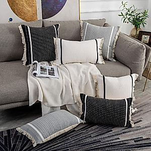 OJIA Modern Throw Pillow Cover with Tassels, Decorative Liana Fringe Accent Cushion Case, Farmhouse Woven Pillowcase for Sofa Chair Couch Bed Decor (Lumbar 12 x 20 Inches, Grey)