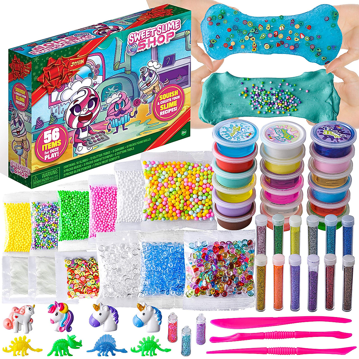 JOYIN 56 Pcs Slime Supplies DIY Slime Kit Making Set for Kids, Kids Art Craft with 18 Slime and 38 Accessories, Fruit Slices, Foam Balls, Cutting Tools, Soft Clay, Glitter Tubes, Fidget Toy