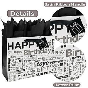 13" Large White Gift Bag Set with Greeting Card and Tissue Papers (‘Happy Birthday' Text) for Men's or Women's Birthday Parties, Boys', Girls', or Kids' Parties, Baby Showers, Baby Boys or Girls -