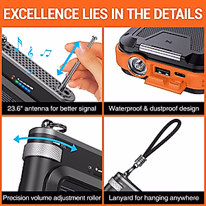 Solar Power Bank 36800mAh, Emergency FM Radio & Bluetooth Speaker, Built-in 2 Cables and Kickstand 15W Fast Charging LED Flashlight, USB C Input/Output Compatible with All Mobile Devices (Black)