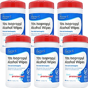Pharma-C 70% Isopropyl Alcohol Wipes [6 pack - 40ct Canisters] - Bulk IPA First Aid Antiseptic Wound Cleaner with Moisture Lock Lid. For minor cuts, scrapes, and burns.