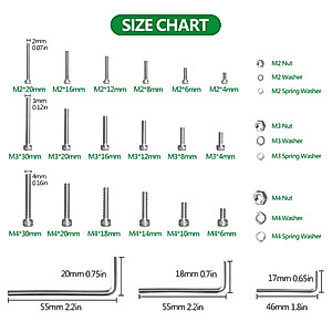 Screws and Nuts, 1440PCS M2 M3 M4 Metric Screw Assortment, 304 Stainless Steel Metric Bolts and Nuts Assortment Kit, Hex Socket Head Cap Flat Lock Washers Bolts Assortment Kit with 3 Wrenches