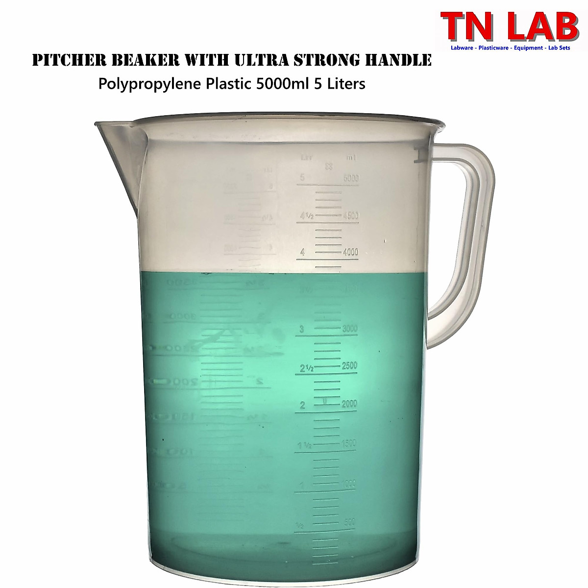 TN LAB Beaker Pitcher Measuring Cup Ultra-Strong Handle Polypropylene Plastic Graduated 5000ml 5L Holds 5.3 Quarts 1.25 Gallons