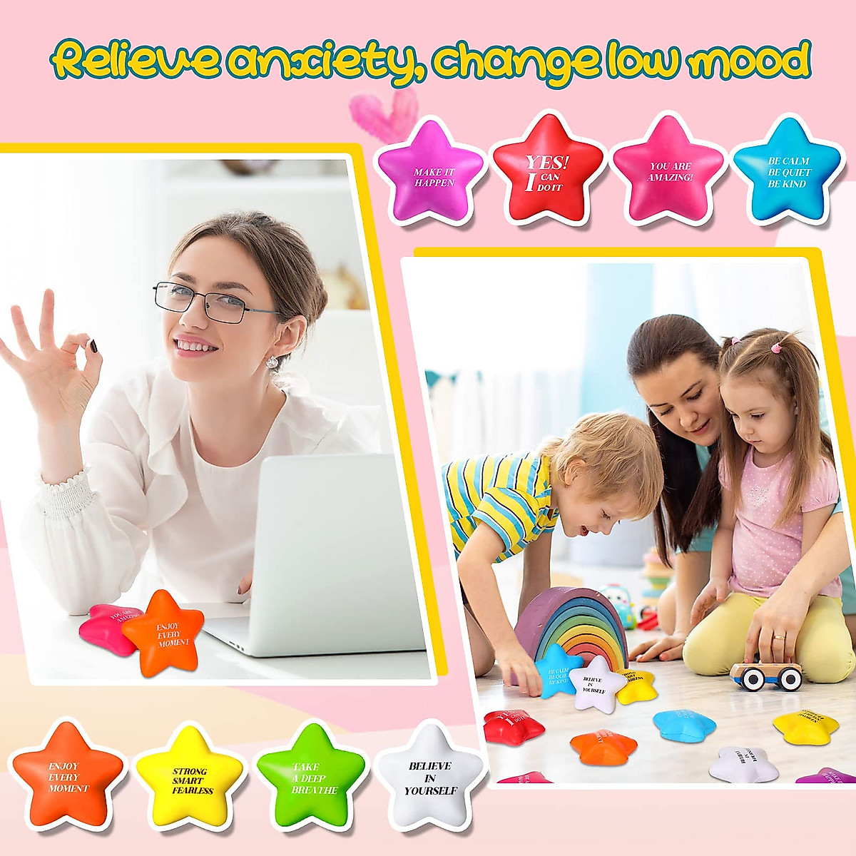 Motivational Stress Balls Quote Relief Ball Colorful Inspirational Foam Star Hand Exercise Toy Relieve Anxiety for Adults Girls Boys Party Favors(72 Pcs)