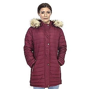 Facitisu Womens Winter Warm Jacket Long Down Faux Fur Hooded Quilted Sherpa Lined Coat (Wine, L)