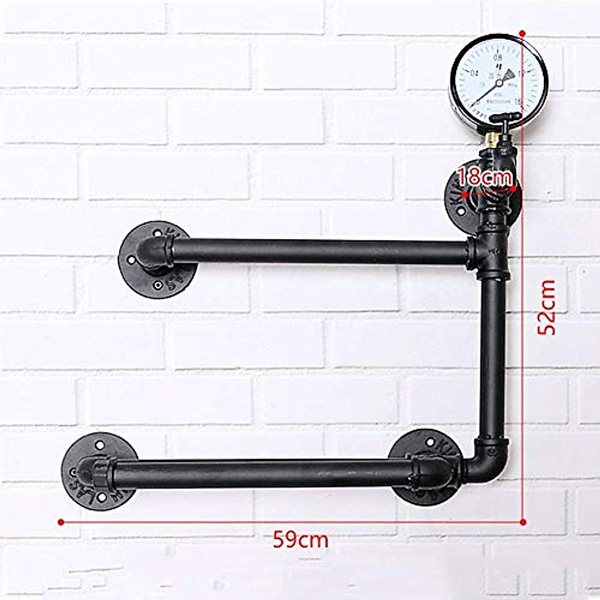 Stylish Simplicity Shelf Wall Mounted Floating Rack Wooden Industrial Style Shelf Solid Wood Iron Art Retro Display Stand with Pressure Gauge Wine Racks Restaurant Wineglass, PIBM, Black, 59x18x5