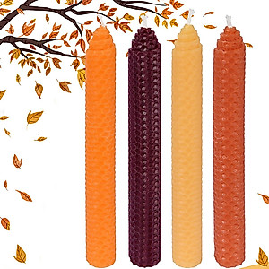 DEYBBY 8" Hand-Rolled Beeswax Taper Candles 4 Pack Cone Top,Pure Natural Honeycomb Bee Wax Candle,4Hour Burn Time(Yellow Orange Brown Fall)