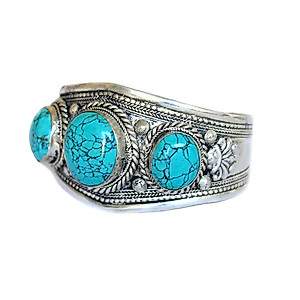 3 Stone Blue Stabilized-Turquoise Adjustable Cuff Bracelet | Ornate Boho Jewelry for Men & Women