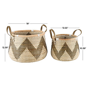 Deco 79 Seagrass Handmade Zigzag Patterned Storage Basket with Black and White Plastic Weaving and Leather Handles, Set of 2 18", 13" W, Brown