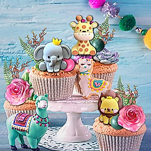 UFROMSKY 22pcs Safari Jungle Animal Cake Toppers Flower Balls Cake Decoration with Boho Palm Leave Forest Animal Toys and Artificial Flowers for Boys Girls Safari Theme Birthday Party Supplies