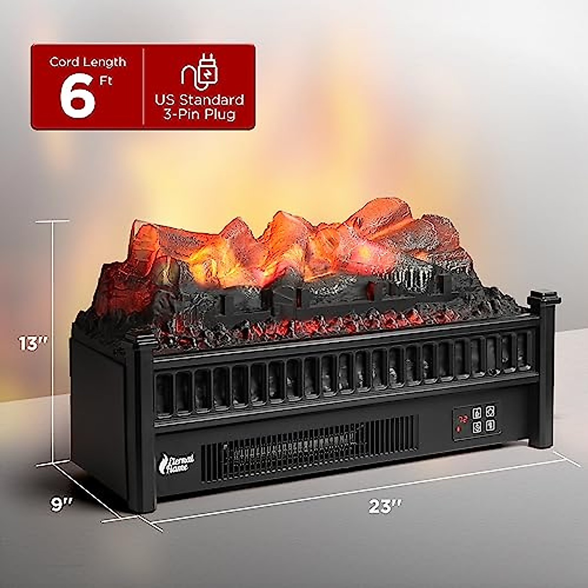 TURBRO Eternal Flame EF23-LG Electric Fireplace Logs, 23" Remote Control Fireplace Insert Log Heater, Realistic Lemonwood Ember Bed, Thermostat, Timer, 1400W Black