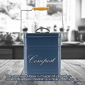 Countertop Compost Bin for Kitchen - Rustic Farmhouse Countertop Composting Container - 1.7 Gallon Carbon Steel Pail for Food Scraps - Metal Bucket with Lid, Wooden Handle & Charcoal Filter