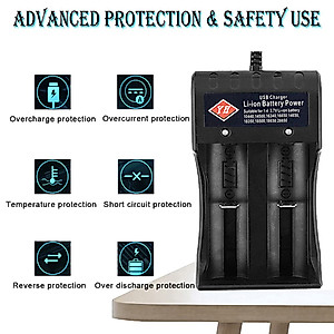 18650 Battery Charger 2 Bay Smart Universal USB Charger for 3.7V Rechargeable Lithium Li ion Batteries Compatible 18650 26650 21700 10400 14500 16340 16650 18500 Battery Charger(No Battery)