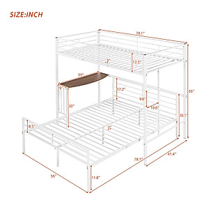 ATY Metal Bunk Beds Twin Over Full Size, L Shaped Steel Bedframe w/Desk & Built-in Ladder and Full-Length Guardrail, No Box Spring Needed, White