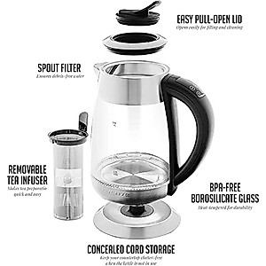 OVENTE Electric Glass Kettle Hot Water Boiler 1.8 Liter BPA Free 1500W, Set Temperature Control, Auto Shut Off, Portable Tea Kettle & Instant Water Heater + Stainless Steel Infuser - KG6610S
