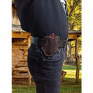 Leather Knife Sheath Slanted Pancake Sheath, 5 Inch Tooled Leather Sheath Belt Clip, Belt Sheath,Trapper Knife Sheath Belt Loop Case Pouch Holder (Dark Brown)