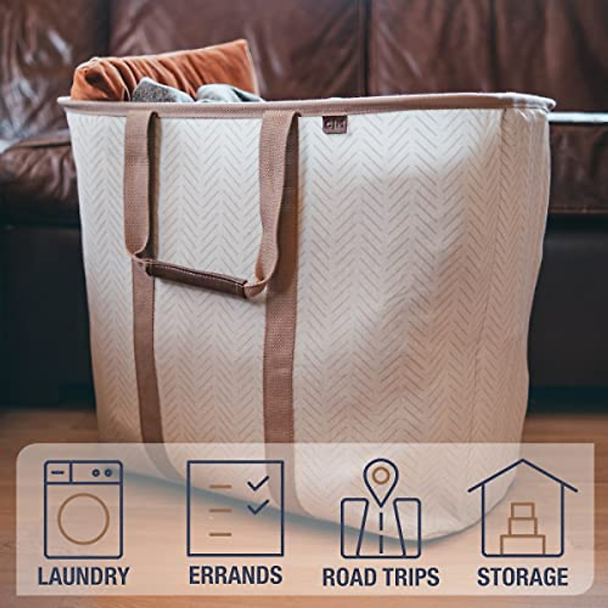 CleverMade Collapsible Laundry Basket, Premium Large Foldable Clothes Hamper, Laundry Tote Carry All Bin XL Pop-Up Caddy with Handles, 2 Pack, Cream Herringbone
