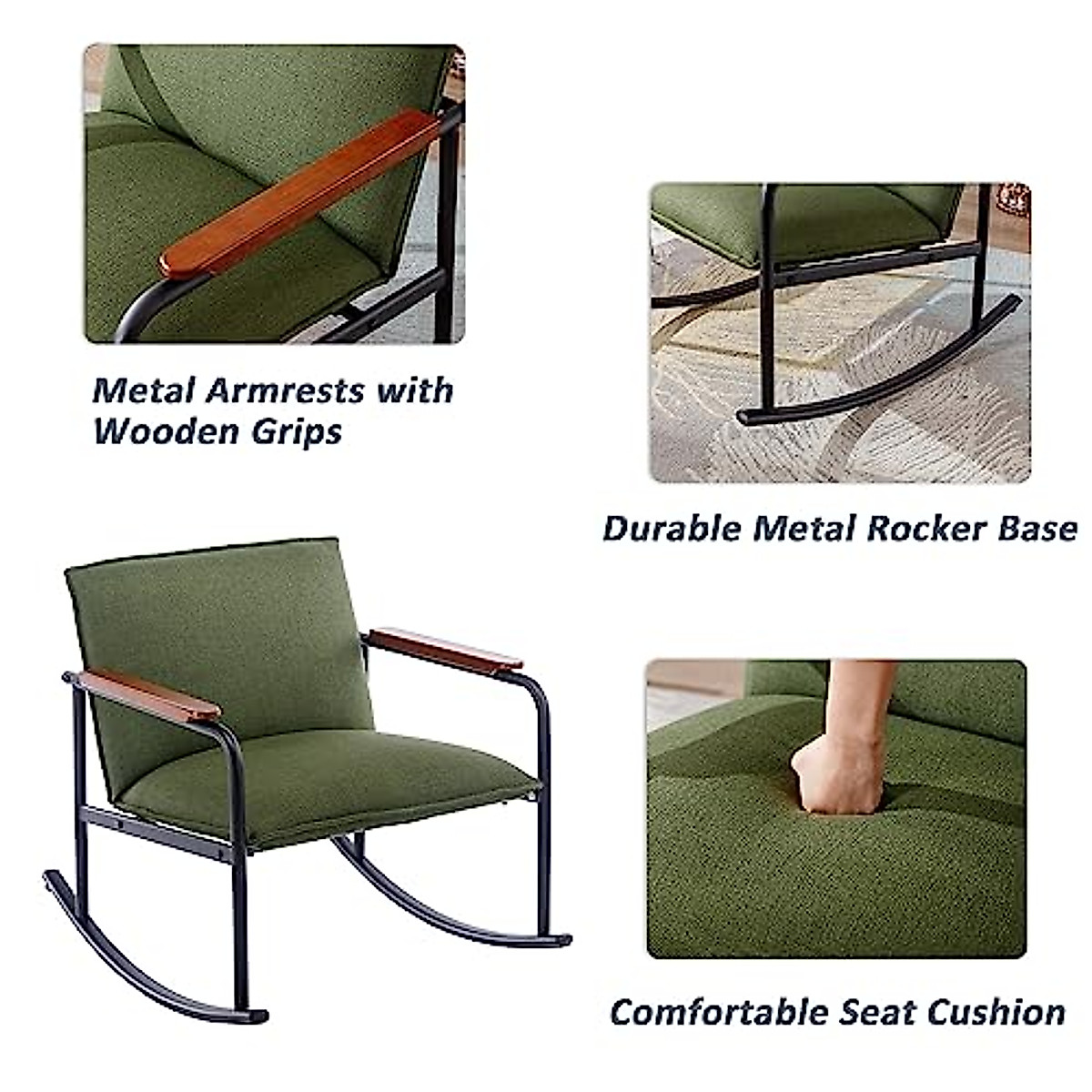DUOMAY Modern Accent Rocking Chair Set of 2, Mid Century Upholstered Glider Rocker Armchair with Metal Base Linen Fabric Nursery Glider Chair with Wooden Grips for Living Room Bedroom, Green