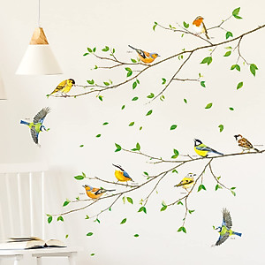 DECOWALL SG-2111 Birds on Tree Branch Wall Decals Flying Bird Green Leaves Stickers Removable for Kids Nursery Bedroom Living Background Room Home Decor Art DIY