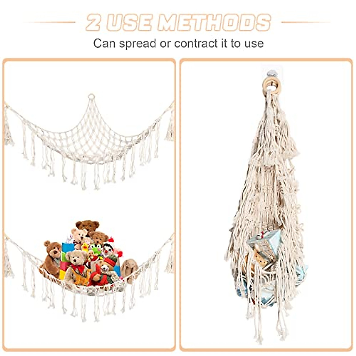 Cabilock Macrame Toy Hammock Macrame Hanging Net Kids Hanging Toys Fruit Basket Boho Wall Baskets Organizer Baskets Countertop Space Saver for Fruits Vegetables Corner Stuffed Animal Hammock