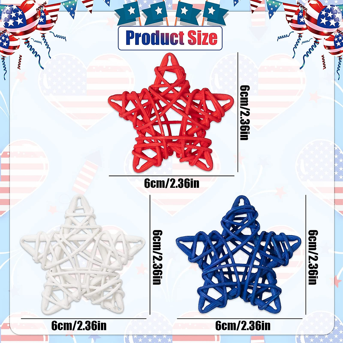 18pcs 4th of July Star Rattan Decoration, Red Blue White Stars for 4th of July Independence Day Home Decor DIY Craft Vase Bowl Filler Table Decoration